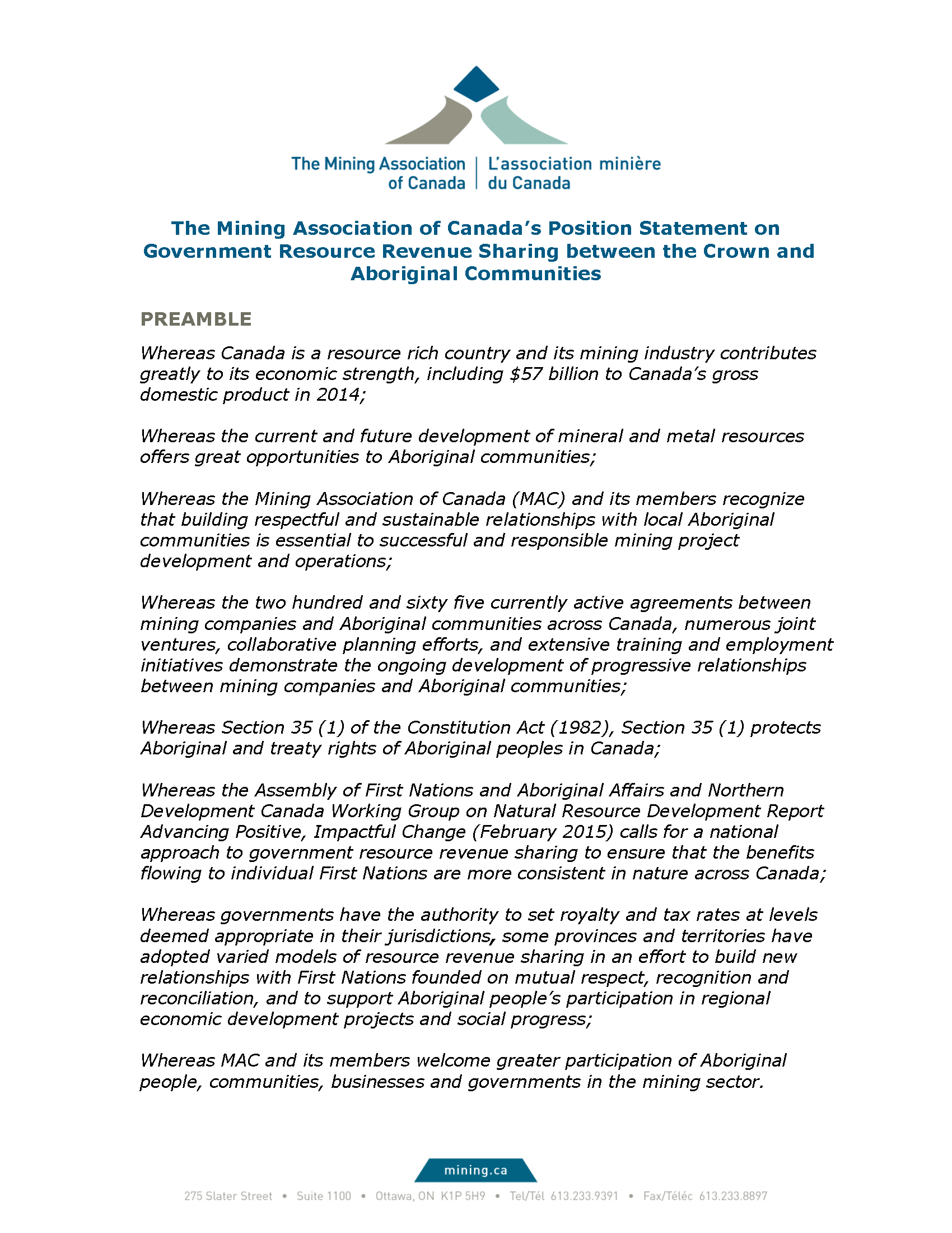 Position Statement on Government Resource Revenue Sharing between the ...