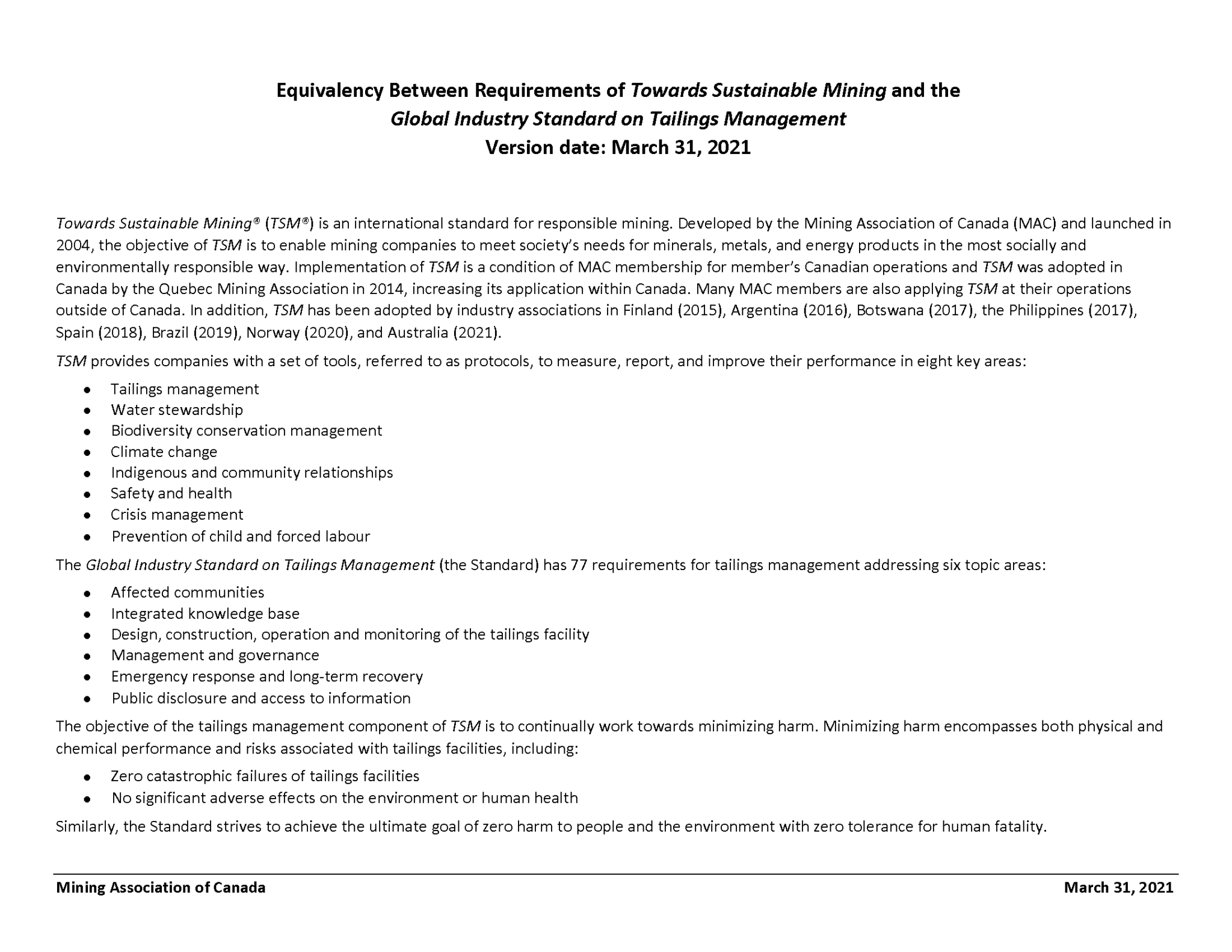 MAC Assessment of Equivalency between TSM and the Standard - The Mining ...