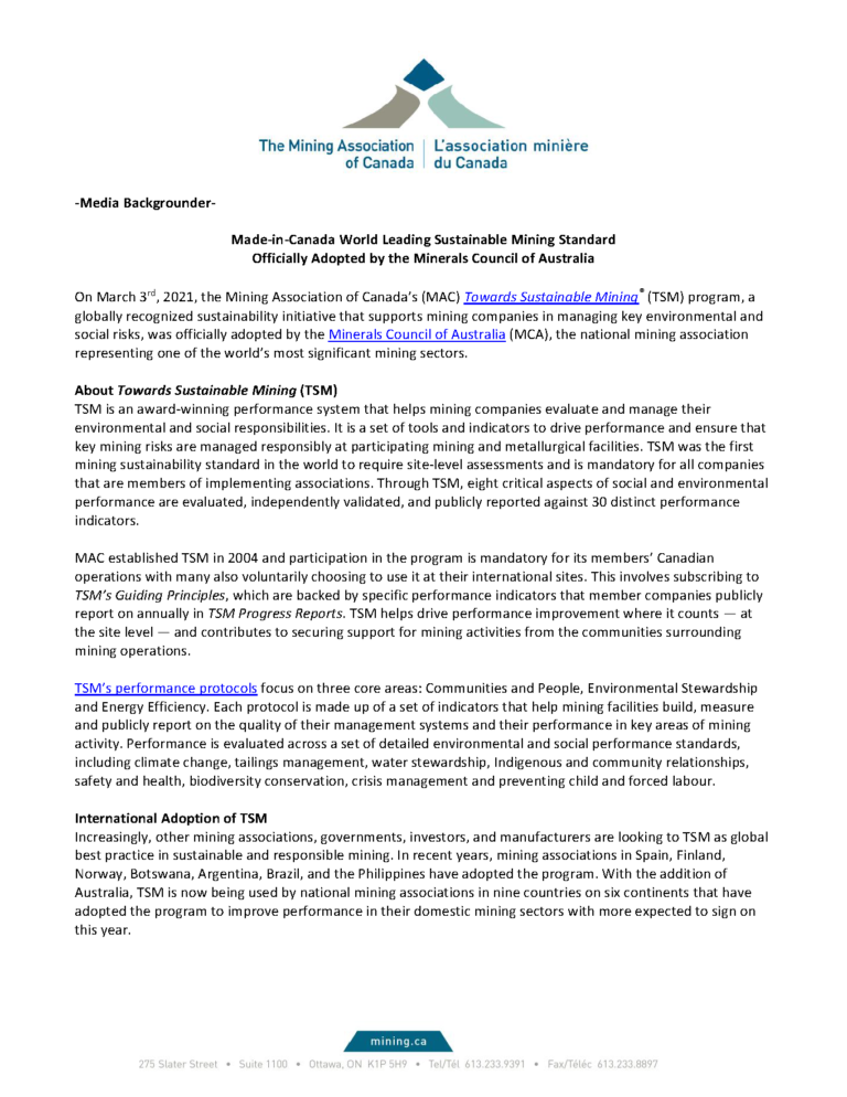 Media Backgrounder: Australia Adopts Towards Sustainable Mining Program ...