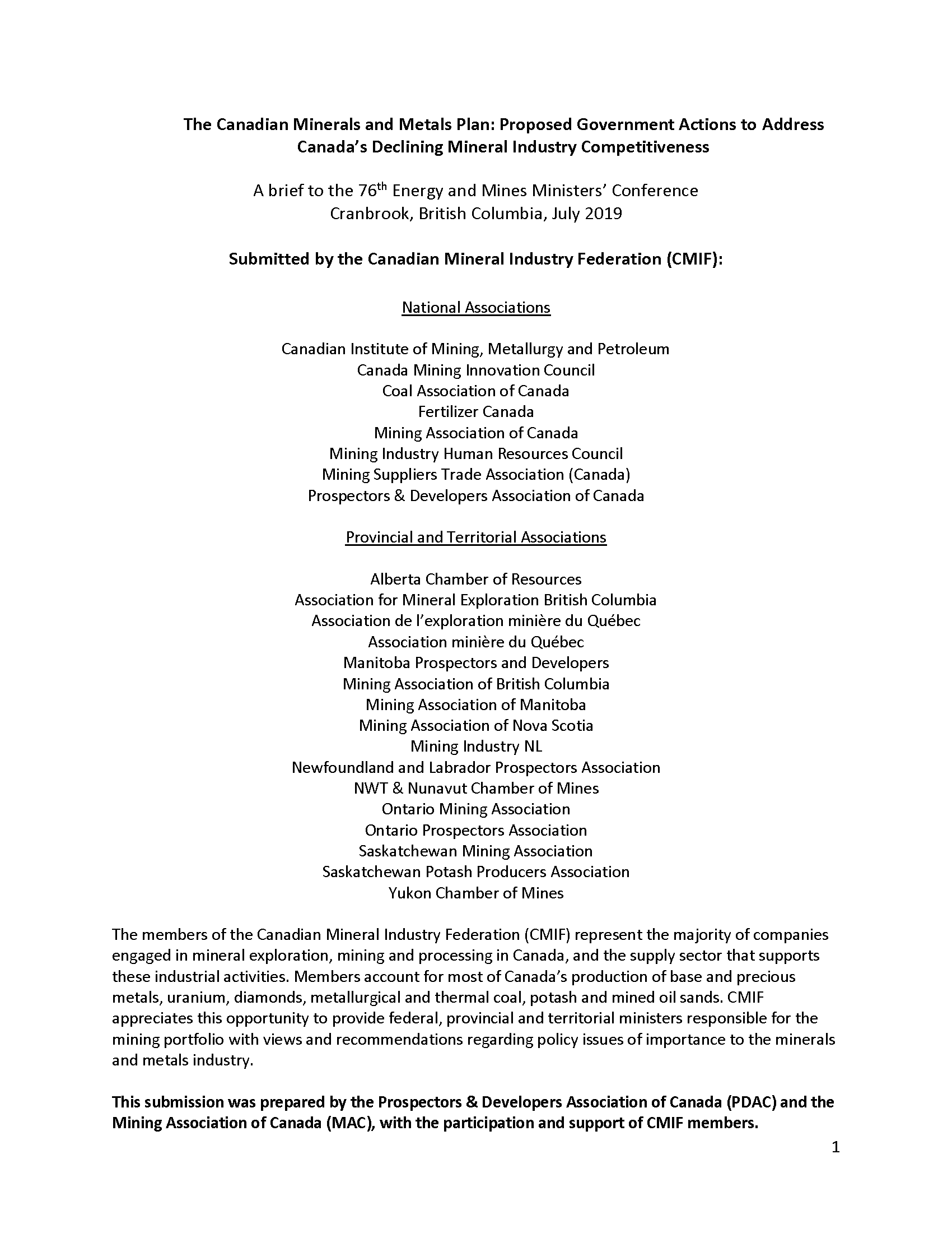 CMIF Brief to the Energy and Mines Ministers’ Conference 2019 - The Mining Association of Canada