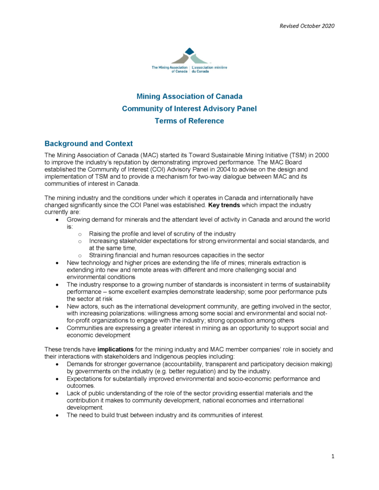 COI Panel Terms of Reference 2020 - The Mining Association of Canada