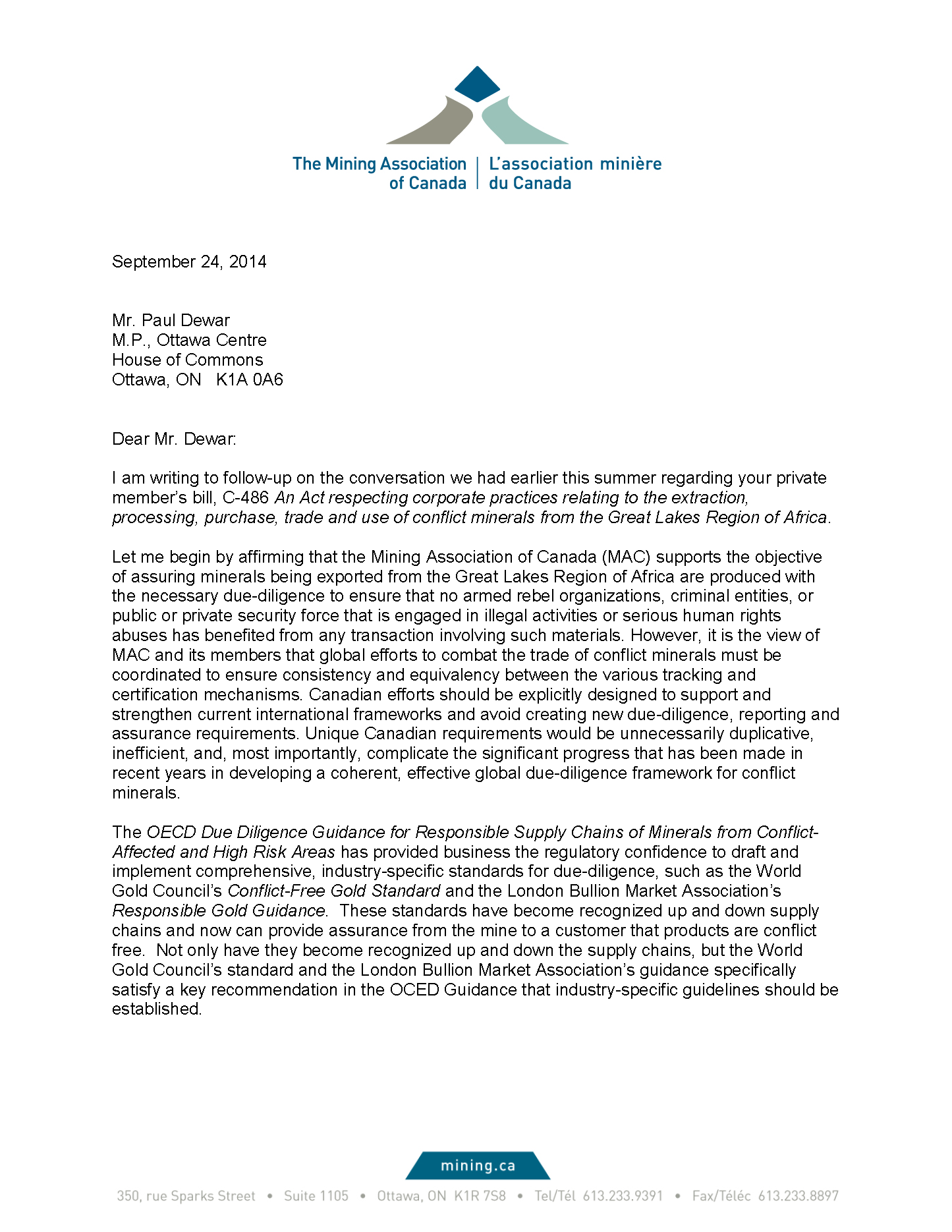 Letter to MP Dewar: Bill C-486 on Conflict Minerals - The Mining ...