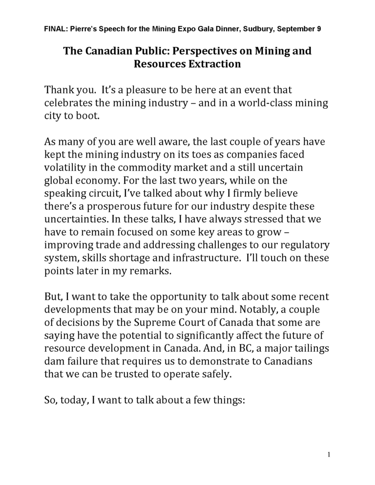 Pierre Gratton Keynote Speech: North America Mining Expo, Sudbury - The ...