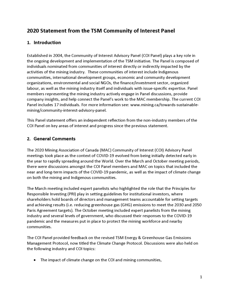 COI Panel Statement (2020) - The Mining Association of Canada