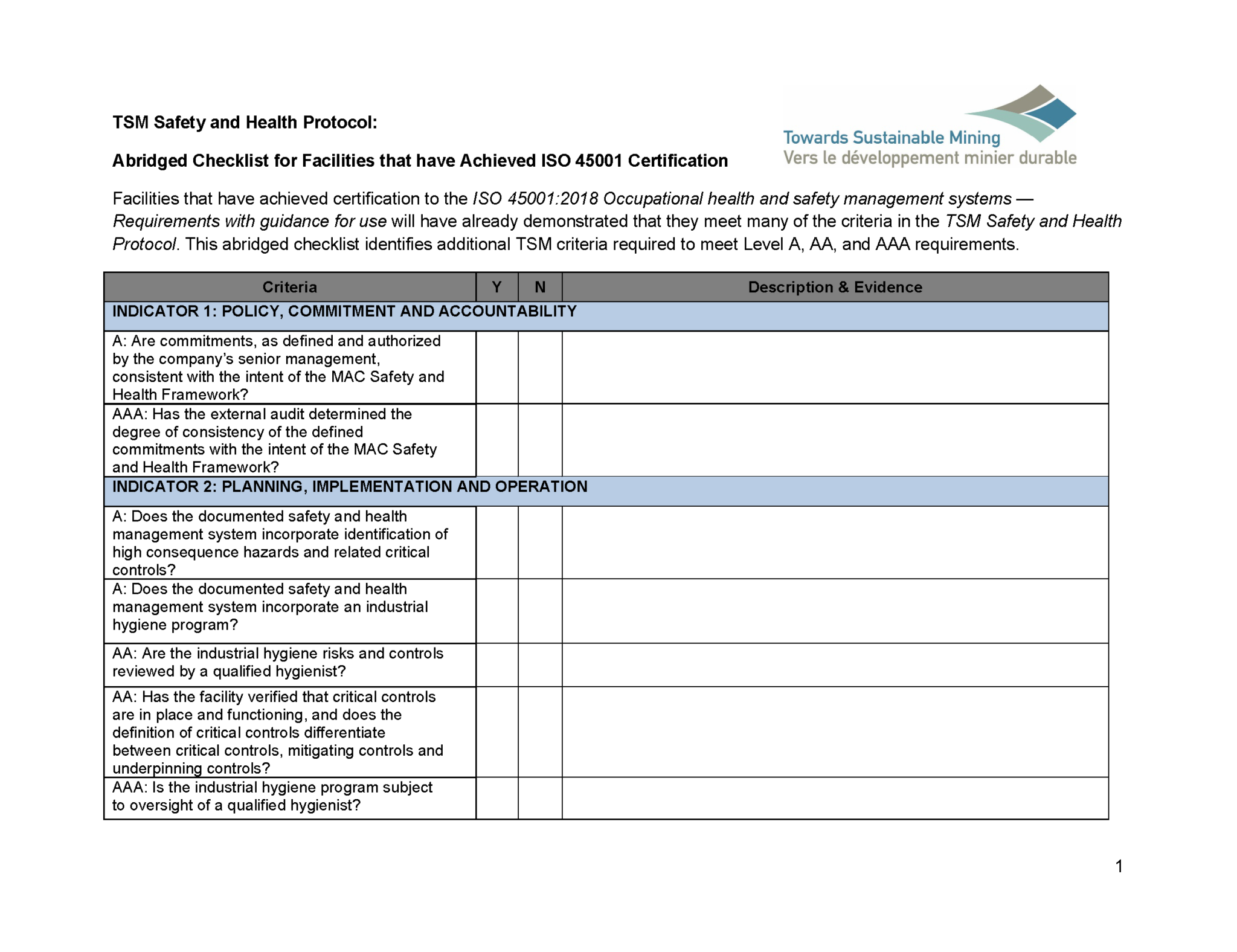 Abridged Checklist for Facilities with ISO 45001 Certification - The ...