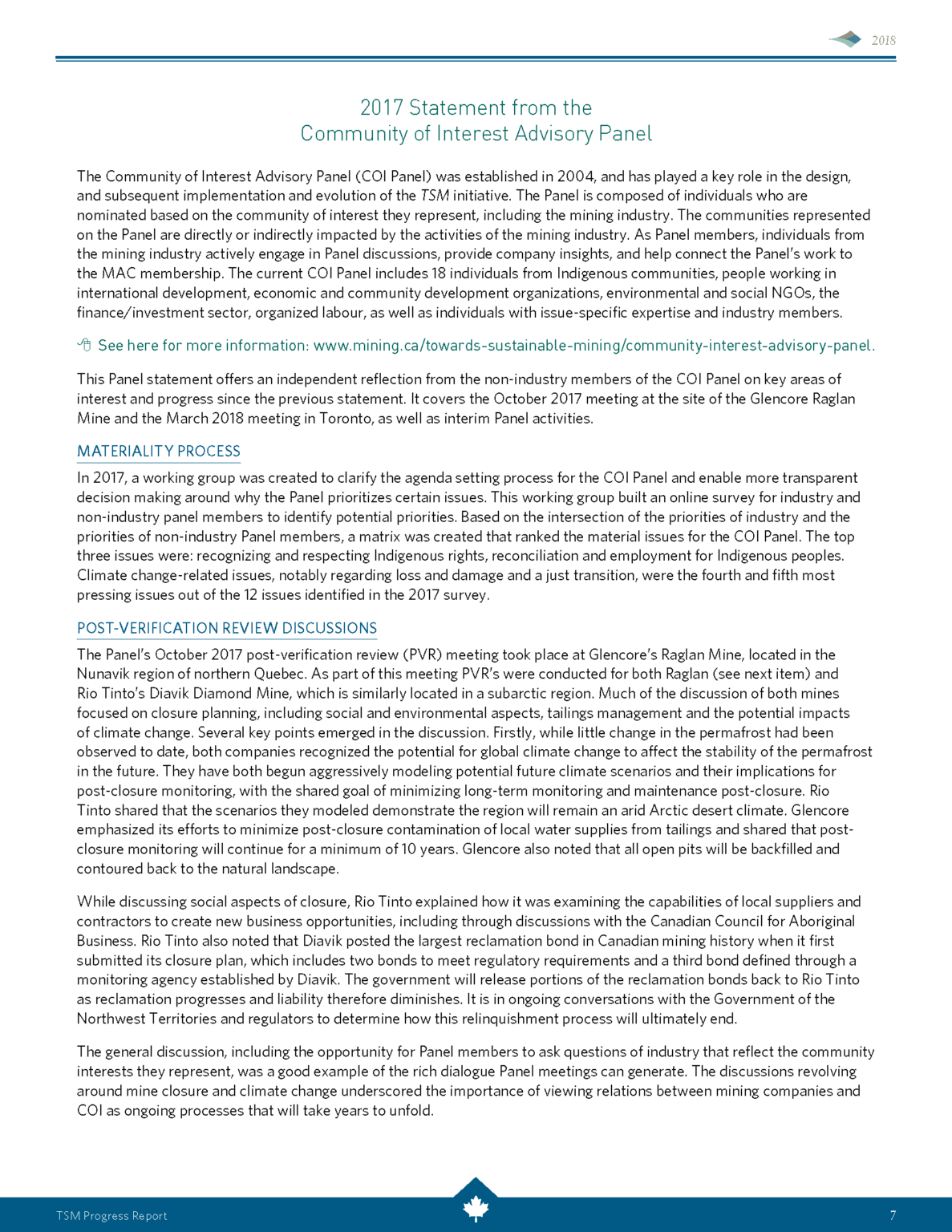 COI Panel Statement (2018) - The Mining Association of Canada