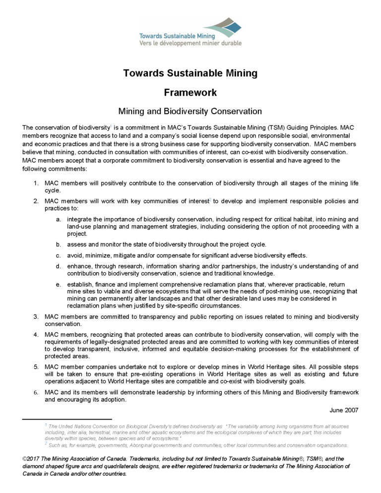 TSM Biodiversity Conservation Framework - The Mining Association of Canada