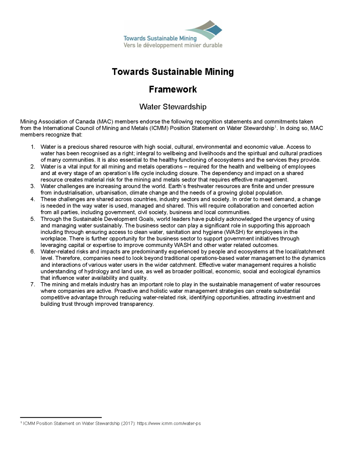 Tsm Water Stewardship Framework The Mining Association Of Canada