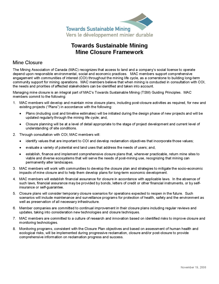 TSM Mine Closure Framework - The Mining Association of Canada