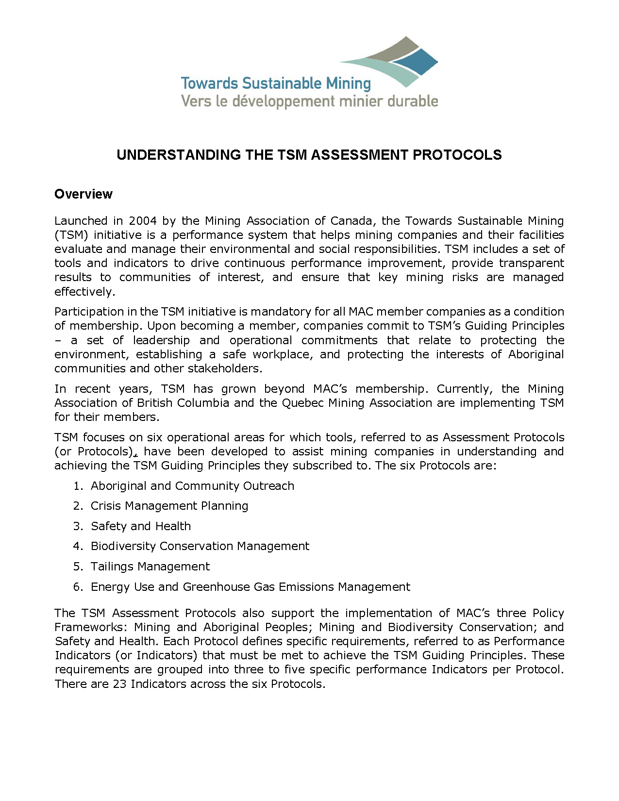 Understanding the TSM Assessment Protocols - The Mining Association of ...