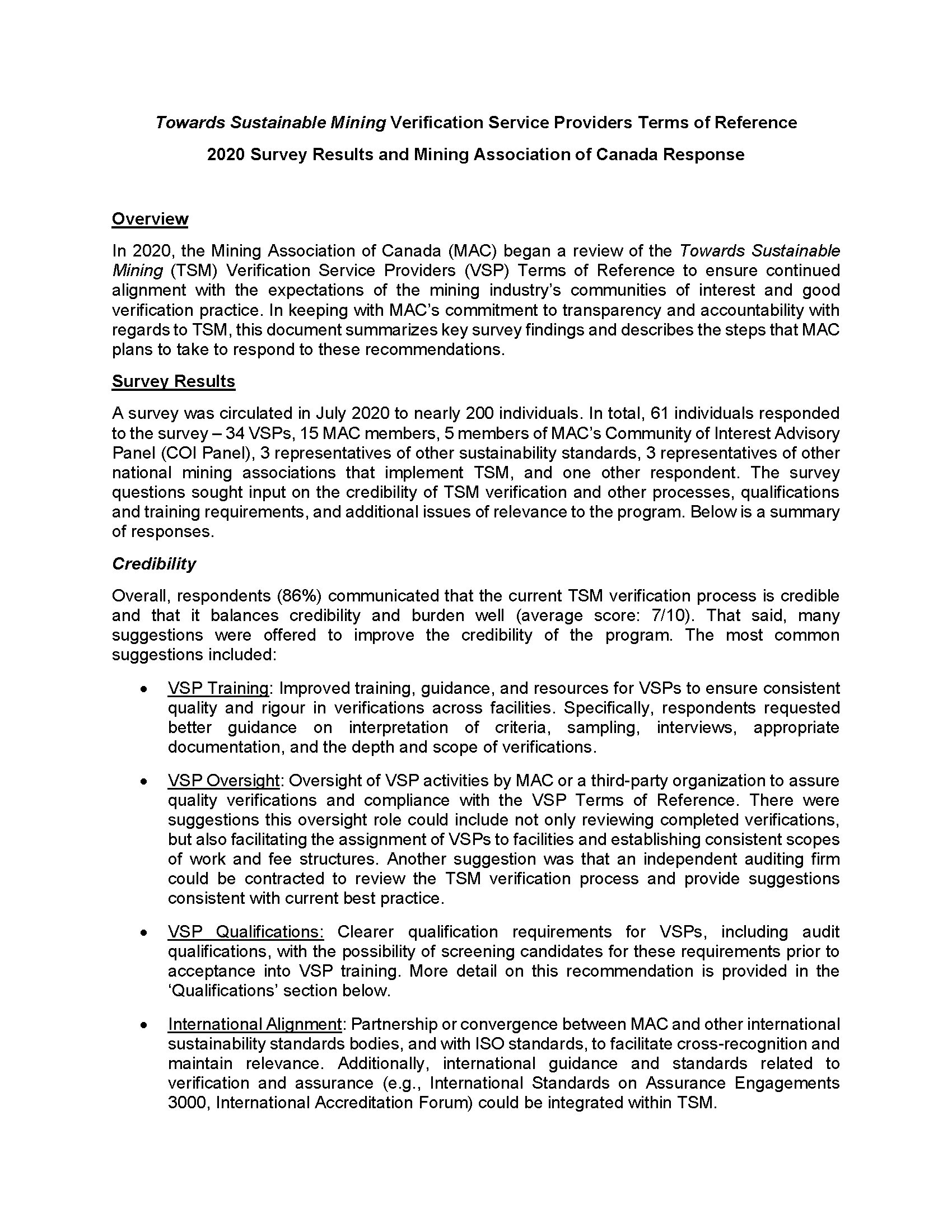 VSP Survey Summary and Response - The Mining Association of Canada