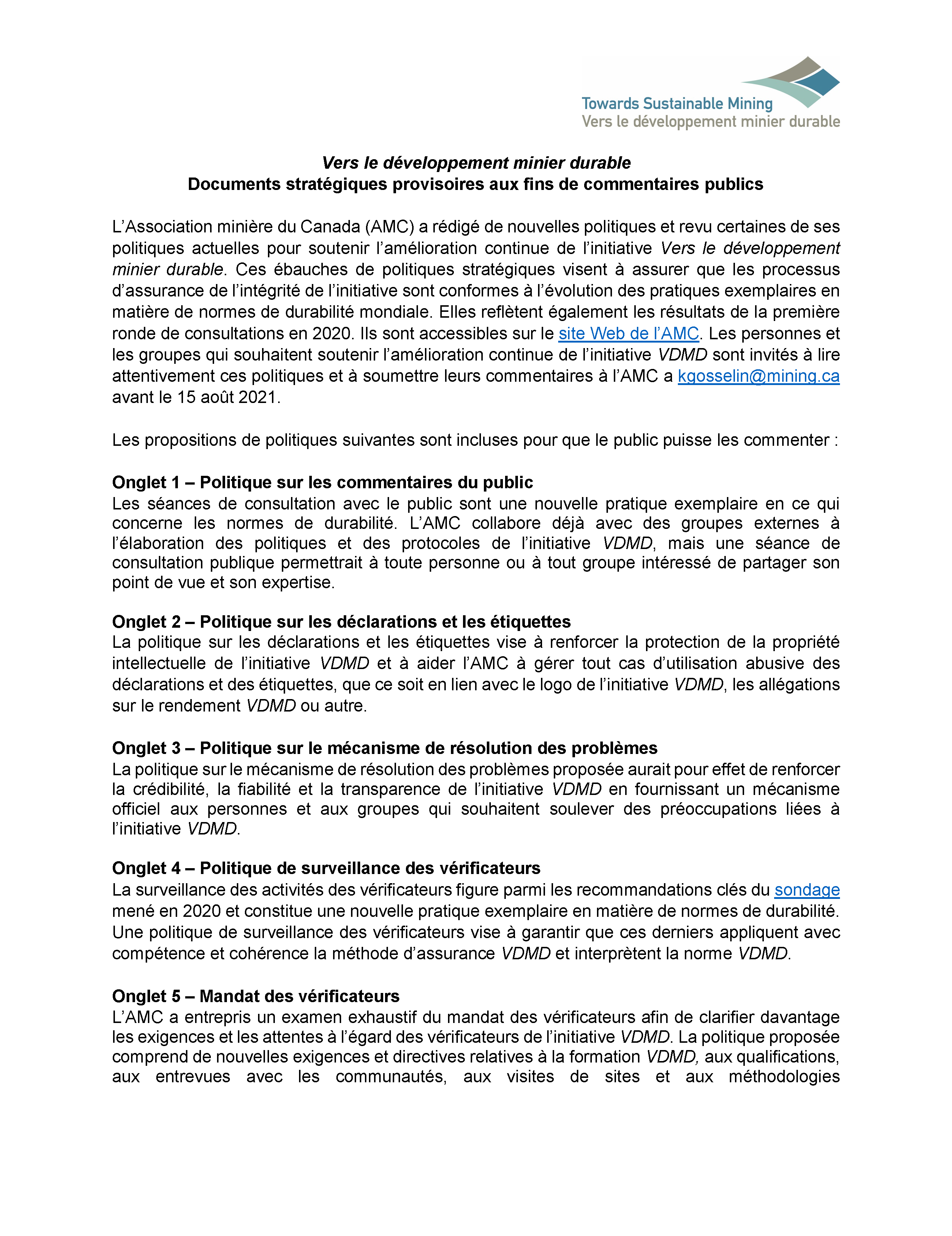 VDMD Documents strategiques commentaires publiques - The Mining ...