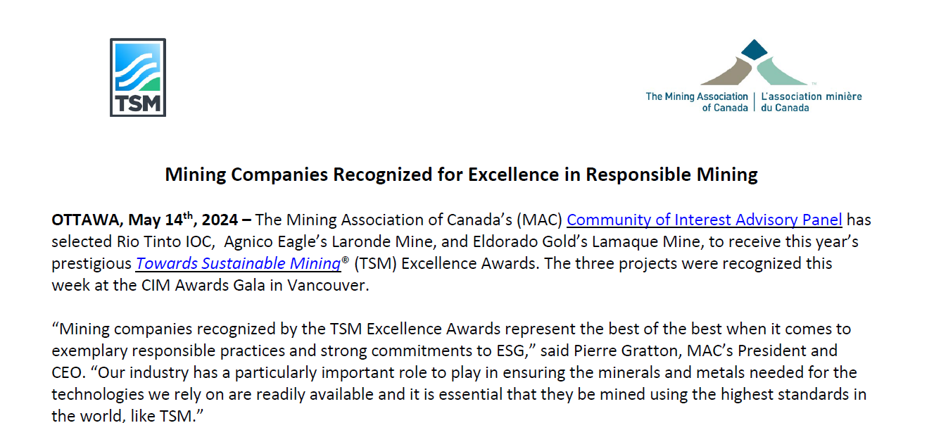 Mining Companies Recognized for Excellence in Responsible Mining - The ...